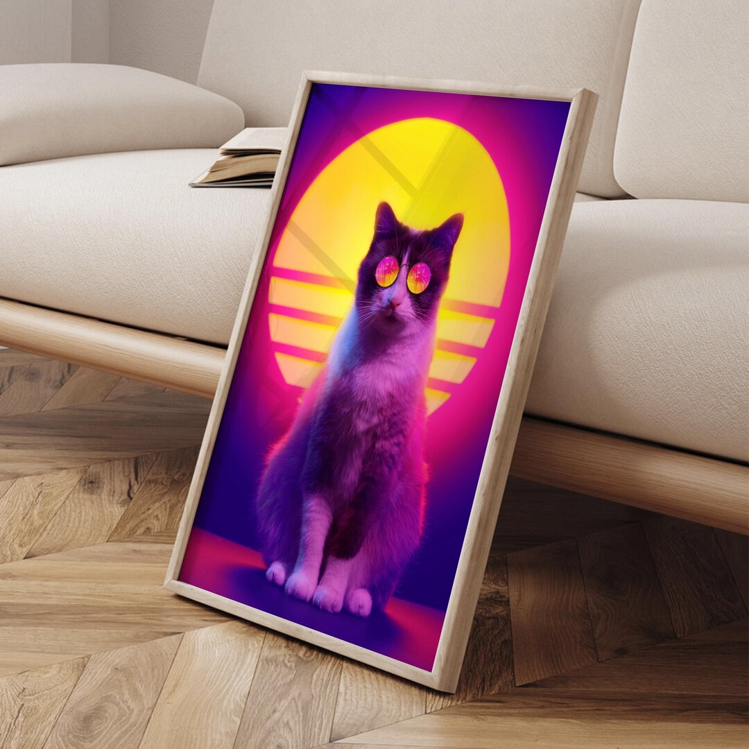 Retro Synthwave Cat Poster Home Decor Wall Art Quality Print Poster - Etsy