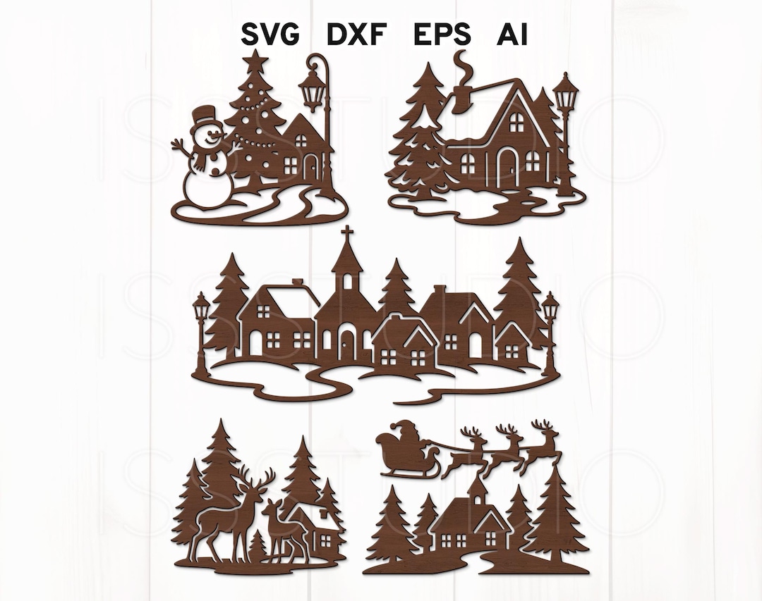 Christmas Village Scene Svg Bundle, Santa Sleigh and Snowman Svg ...