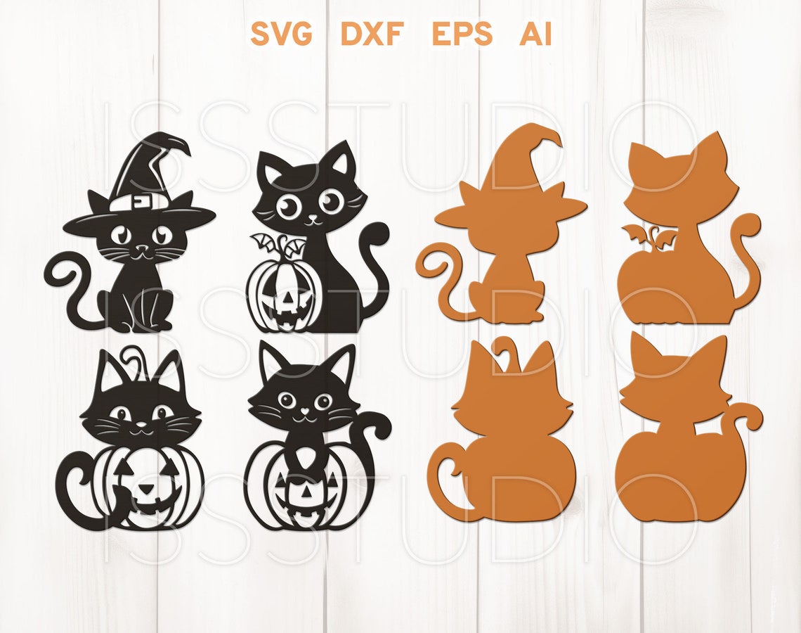 Halloween Cat Bundle, Halloween Cats Laser Cut File, Cat With Pumpkin ...