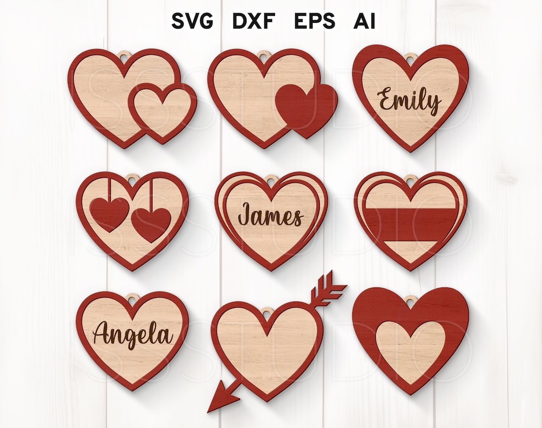 Valentines Hearts Name Tags SVG, Heart Ornaments Svg Laser Cut ...