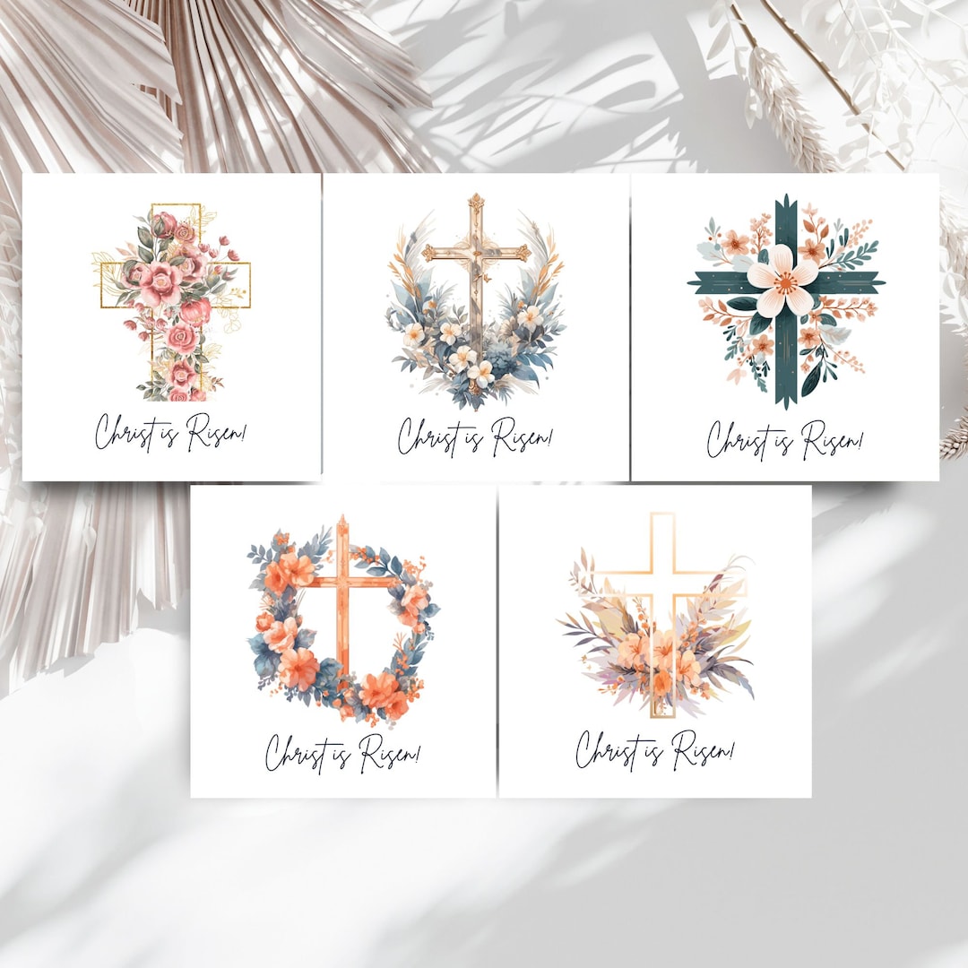 Set of 5 Christian Easter Cross Cards PRINTABLE, Christ is Risen Easter ...