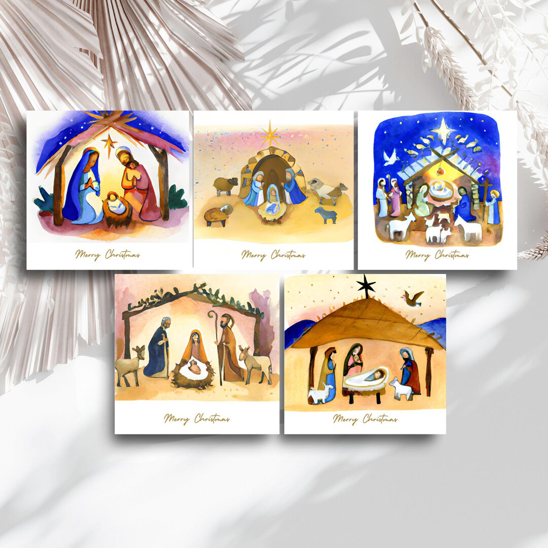 Nativity Scene Christmas Cards, Printable Christian Xmas Cards (set of ...