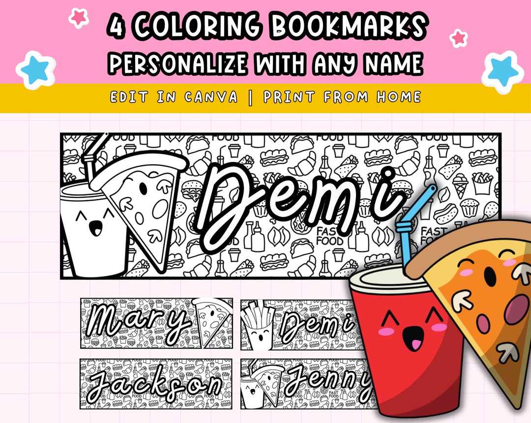 4 Personalized Printable Color Your Own Bookmarks for Kids. Snack Theme ...