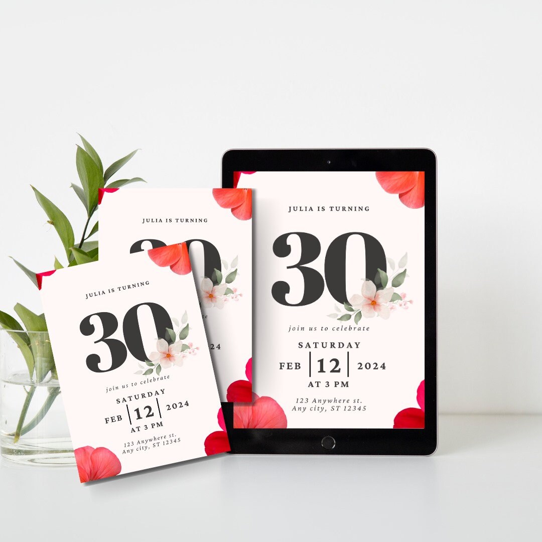 Red and White Birthday Party Invitation Template Set Printable Birthday ...