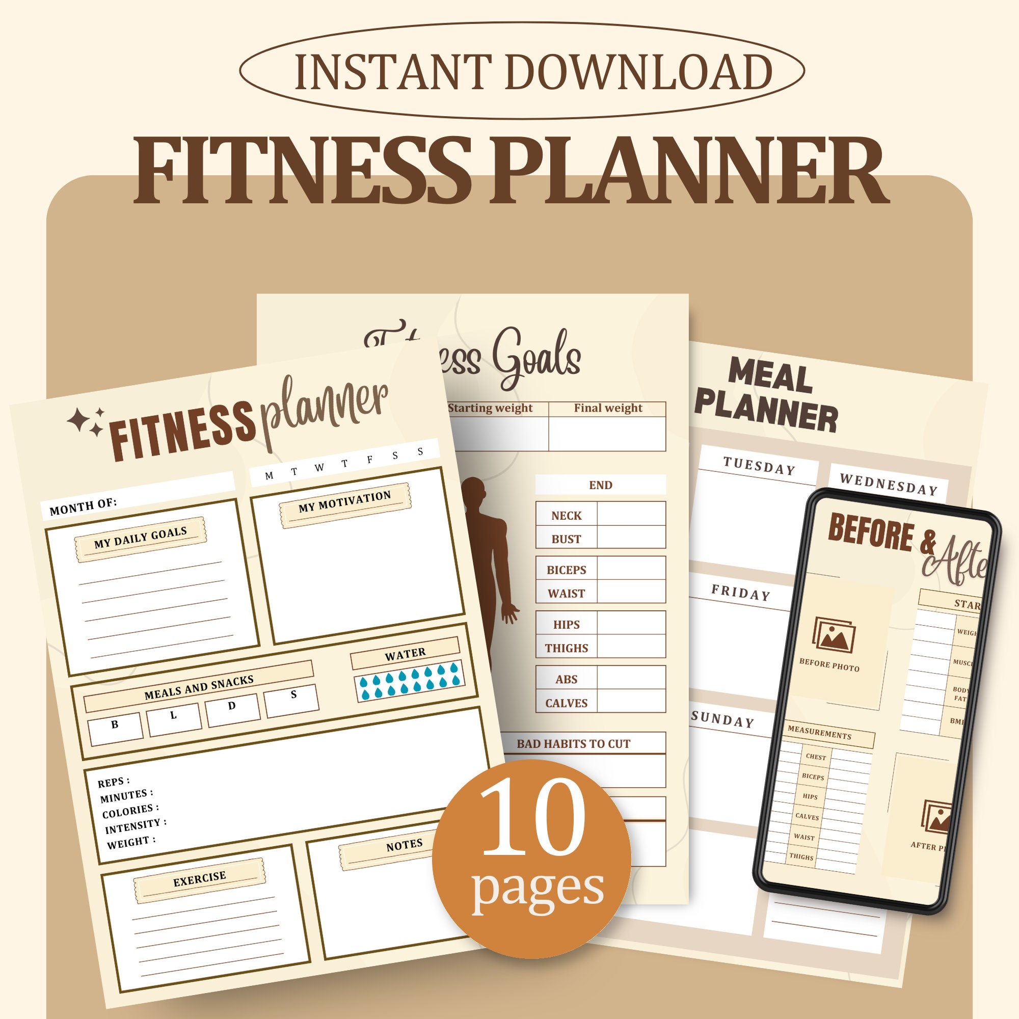 Printable Digital Fitness Planner Bundle Weight Tracker Workout Planner ...