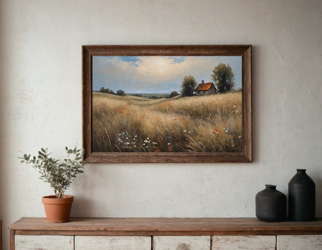 Printable Rustic Oil Painting, Vintage Rustic Field Art Print, Wall Art ...