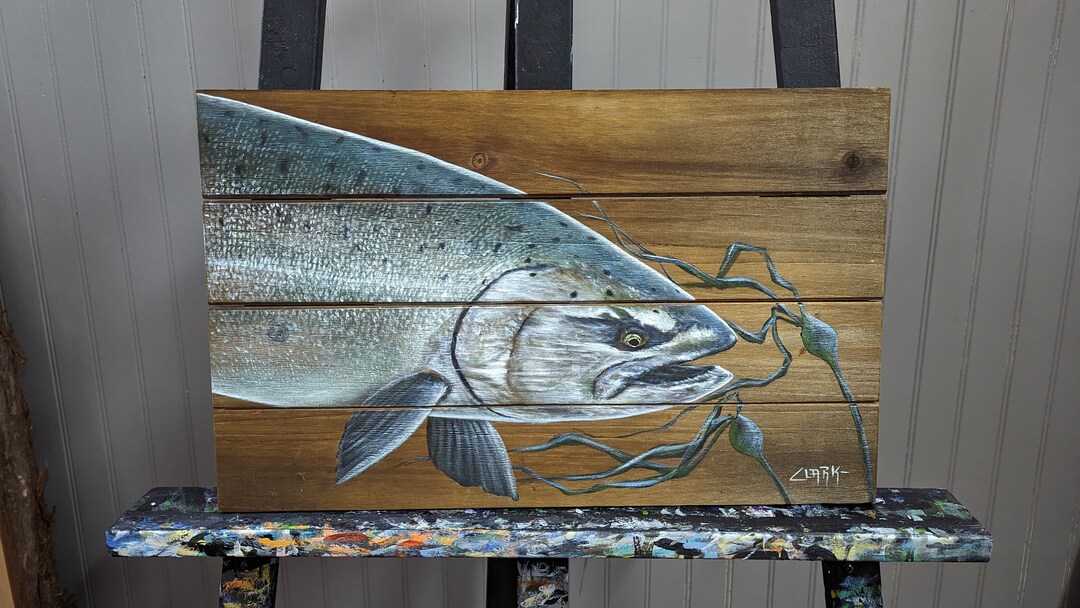 Cedar Wood Panel Chinook Salmon & Kelp Original Acrylic Painting..17x11 ...