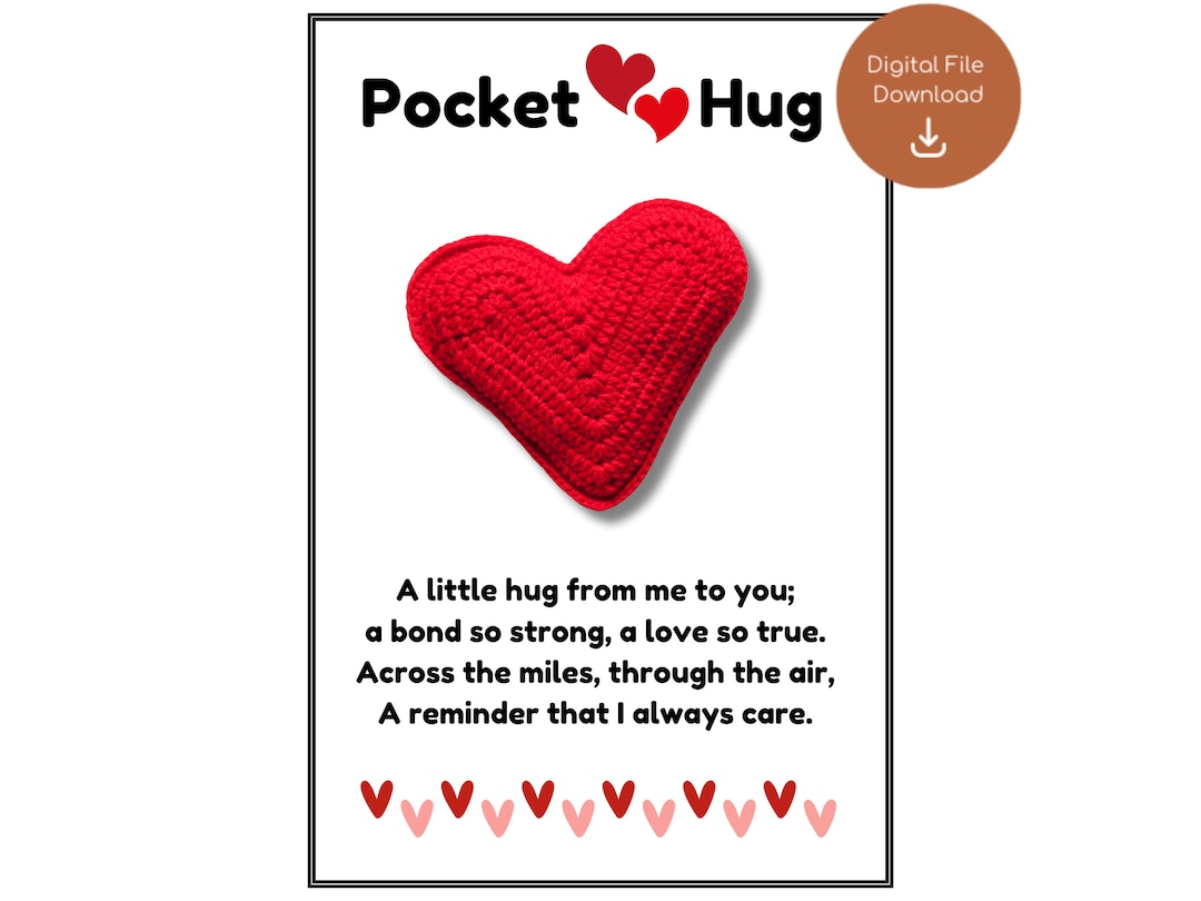 3 X Pocket Hug Poem PRINTABLE Valentines Gift PDF File Crochet Pocket ...