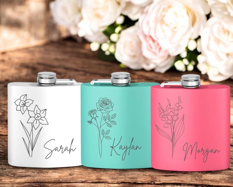 Custom Flower Flask | Bridesmaid Gift | 21st Birthday Gift | Laser ...