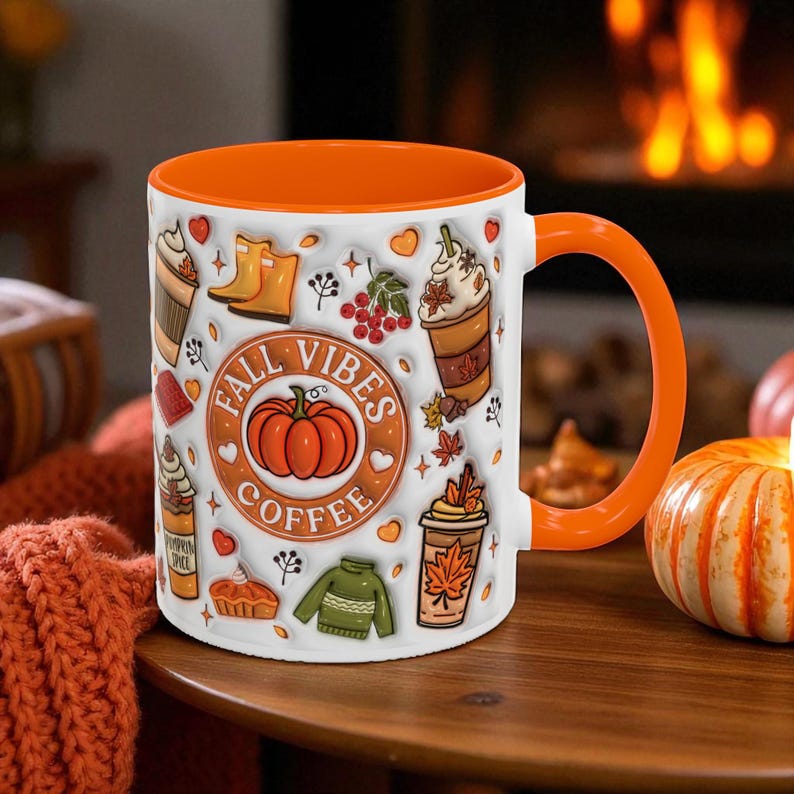 Fall Vibes Mug, Fall 2D Puff Coffee Mug, Autumn Pumpkin Mug, Pumpkin ...