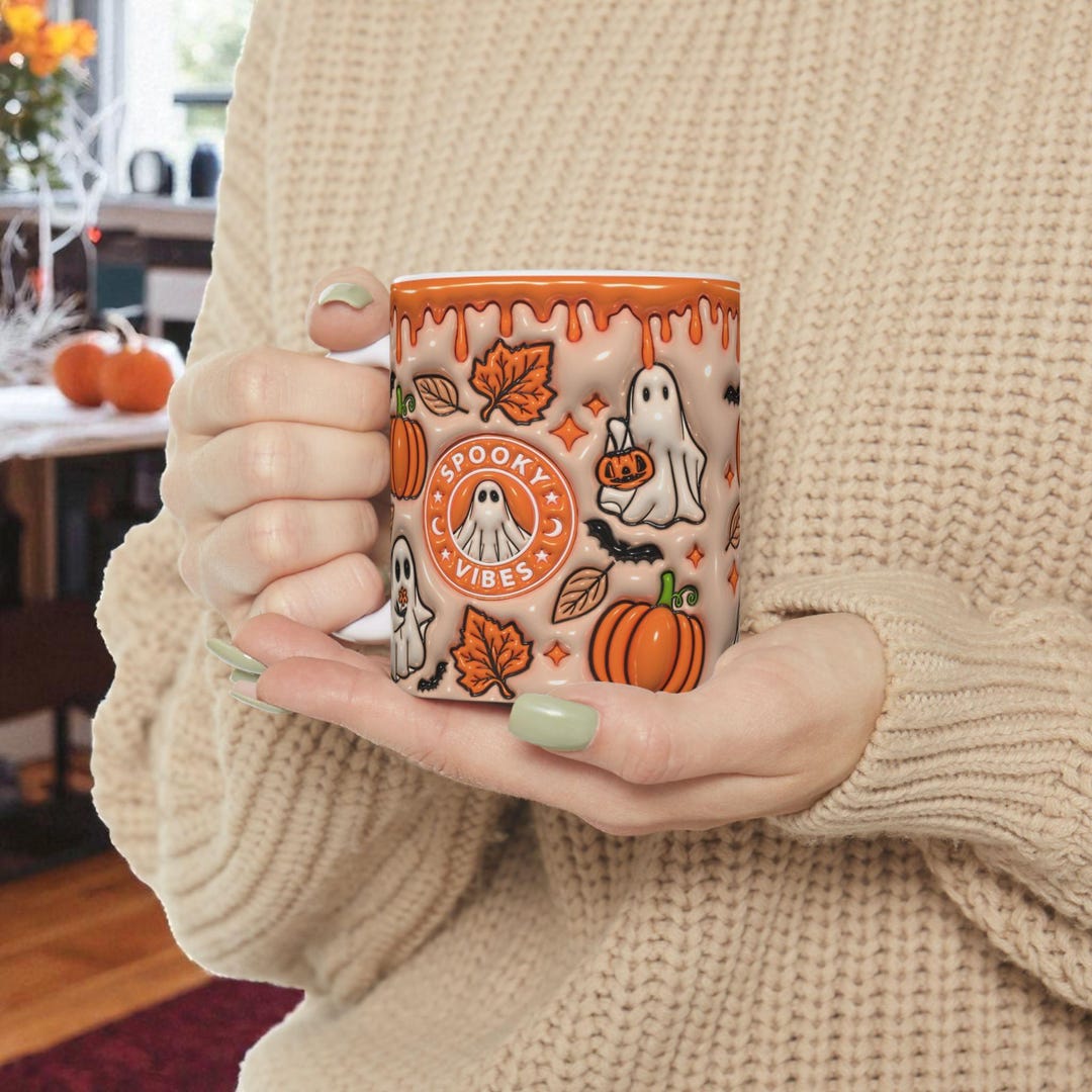 Spooky Vibes Halloween Mug, Orange 2D Puff Halloween Coffee Mug, Ghost ...