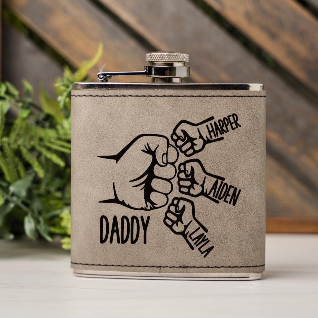 Dad Fist Bump Leather Flask, Fathers Day Gift With Kids Names, Dad ...