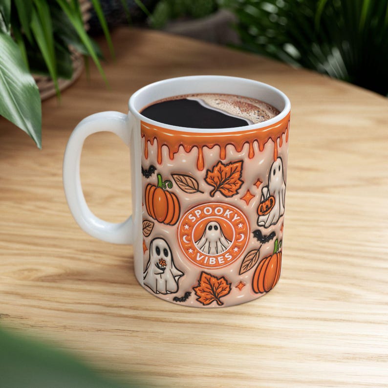 Spooky Vibes Halloween Mug, Orange 2D Puff Halloween Coffee Mug, Ghost ...