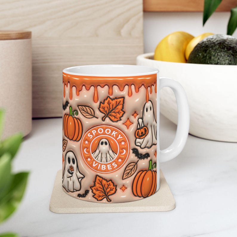 Spooky Vibes Halloween Mug, Orange 2D Puff Halloween Coffee Mug, Ghost ...