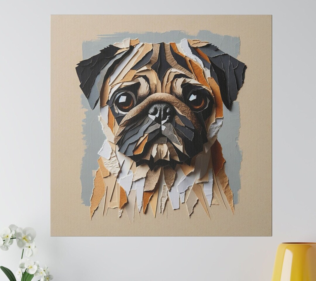 Torn Paper Collage Animal Canvas Pug Room Decor Wall Decor Office ...