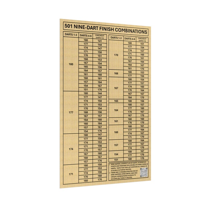 All 501 NINE-DARTER Combinations Chart | Semi-gloss Poster (16"x24 ...