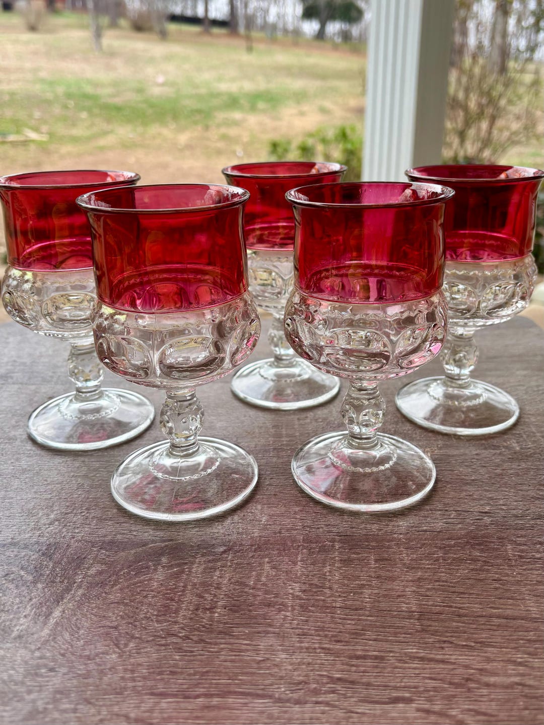 Vintage Ruby Red Kings Crown Cordial Glasses, Set of 5, Thumbprint ...