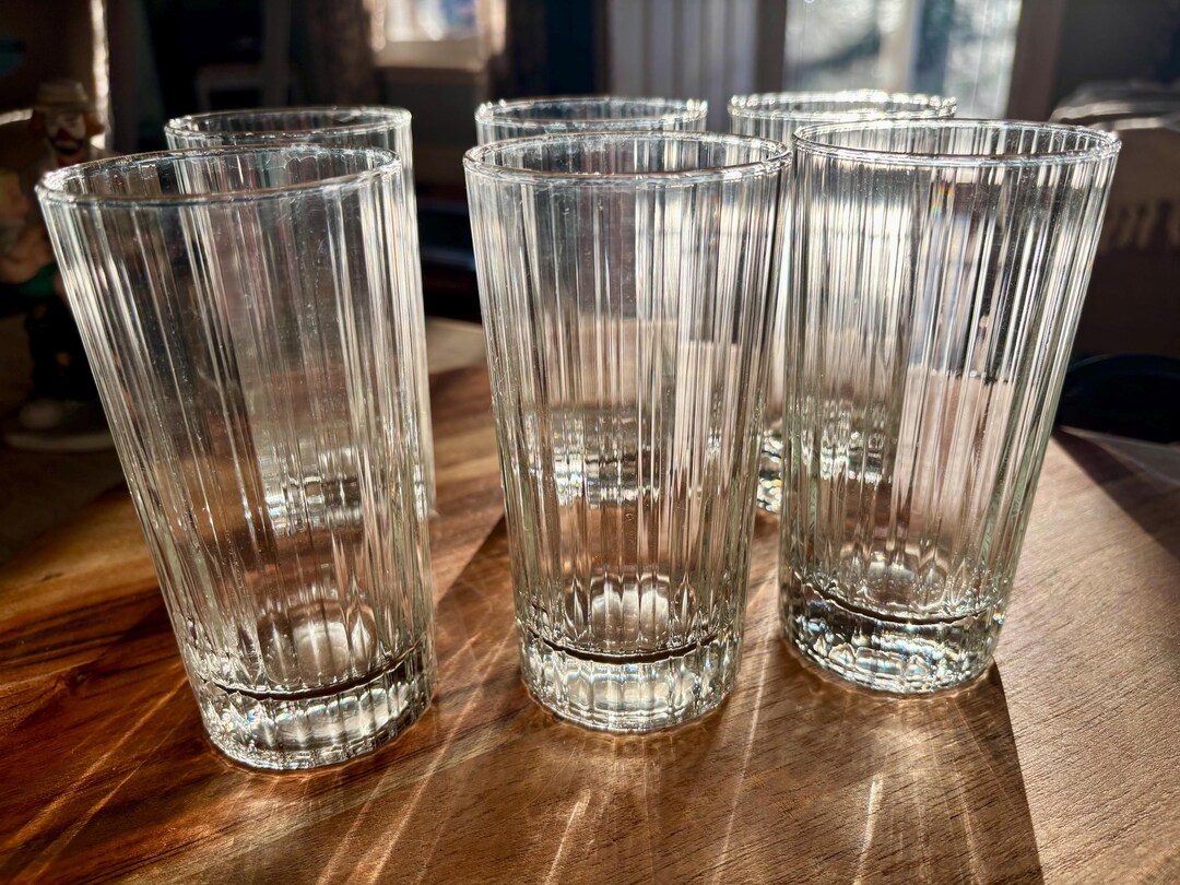 Set of 6 Highball Vertical Ribbed Heavy Round Bottom Clear Drinking ...