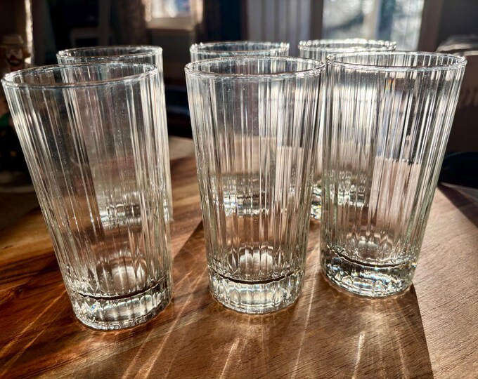 Set of 6 Highball Vertical Ribbed Heavy Round Bottom Clear Drinking ...