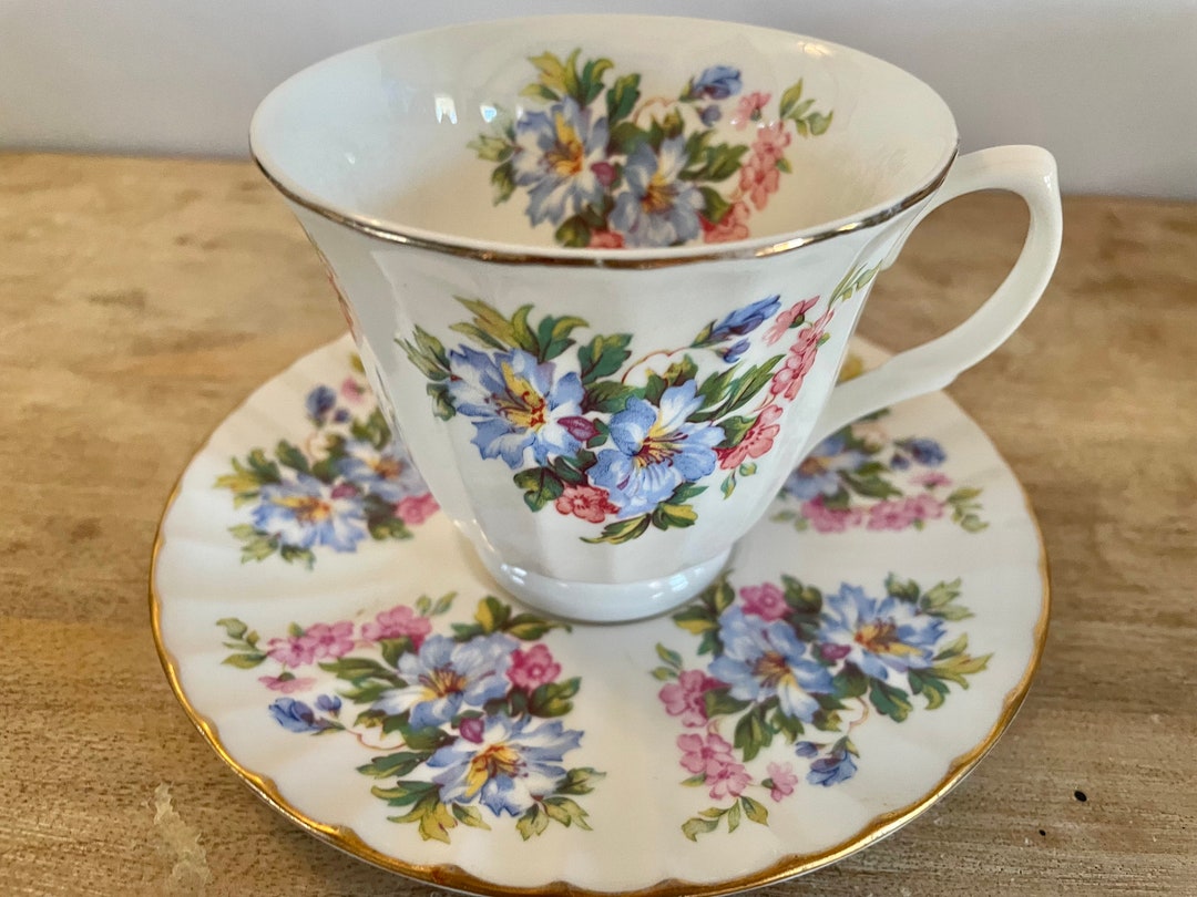 Vintage Mayfair Fine Bone China Teacup and Saucer: Floral Gold Trim ...