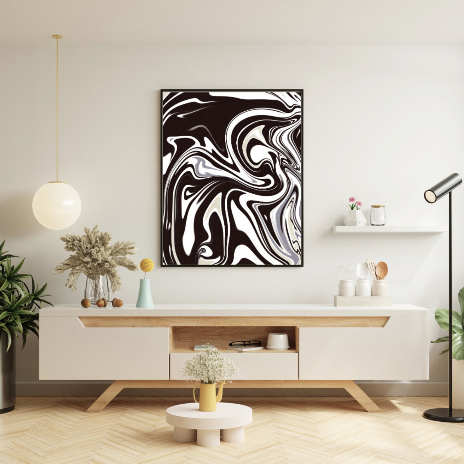 Liquit Abstract Poster Fluid Elegance in Black-white,contemporary Art ...
