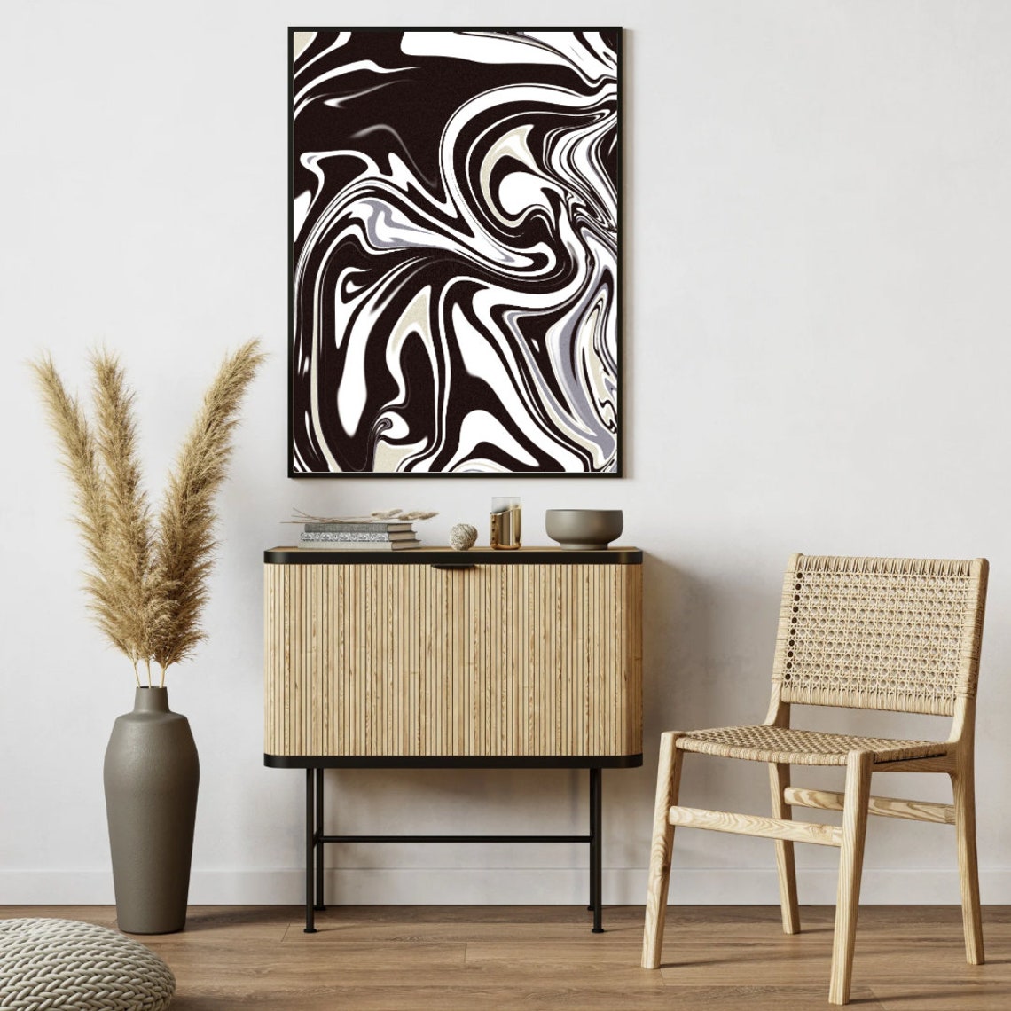 Liquit Abstract Poster Fluid Elegance in Black-white,contemporary Art ...