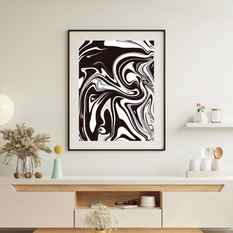Liquit Abstract Poster Fluid Elegance in Black-white,contemporary Art ...