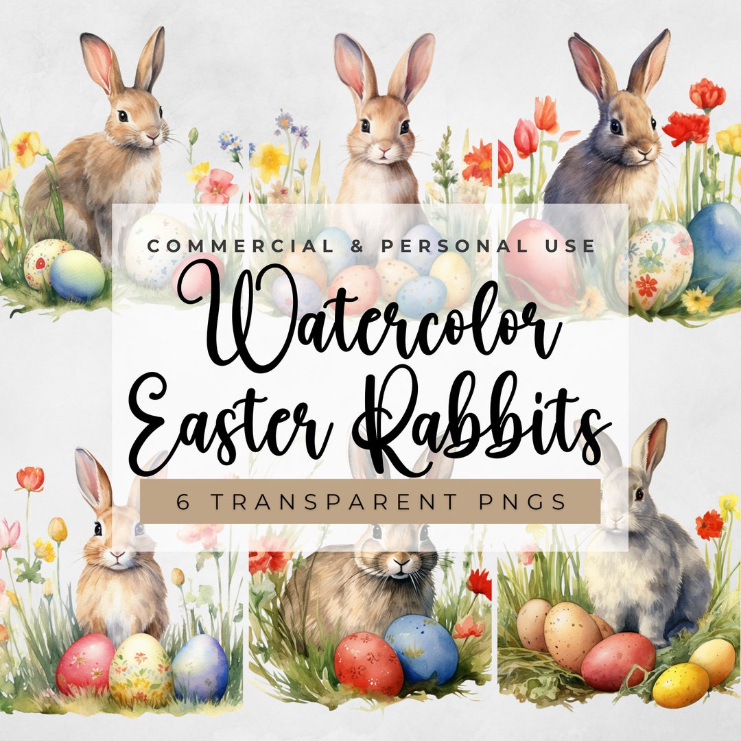Watercolor Easter Rabbit Clip Art, Easter Bunny and Eggs, Cute Easter ...