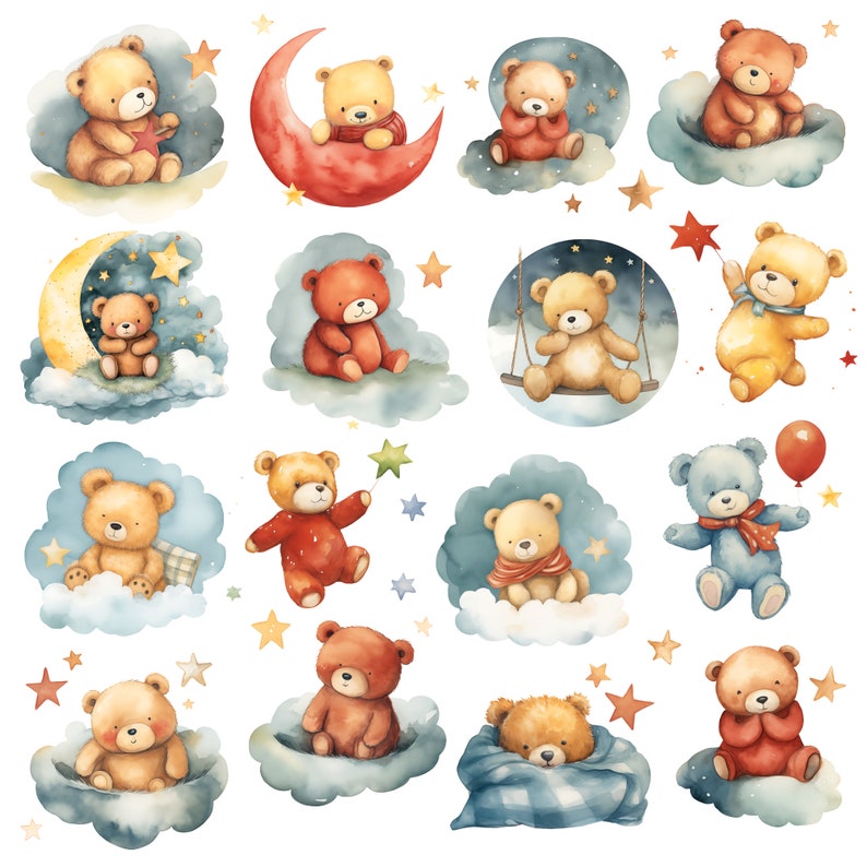 Watercolor Cute Teddy Bears Clipart Bundle. 16 PNG Images With ...