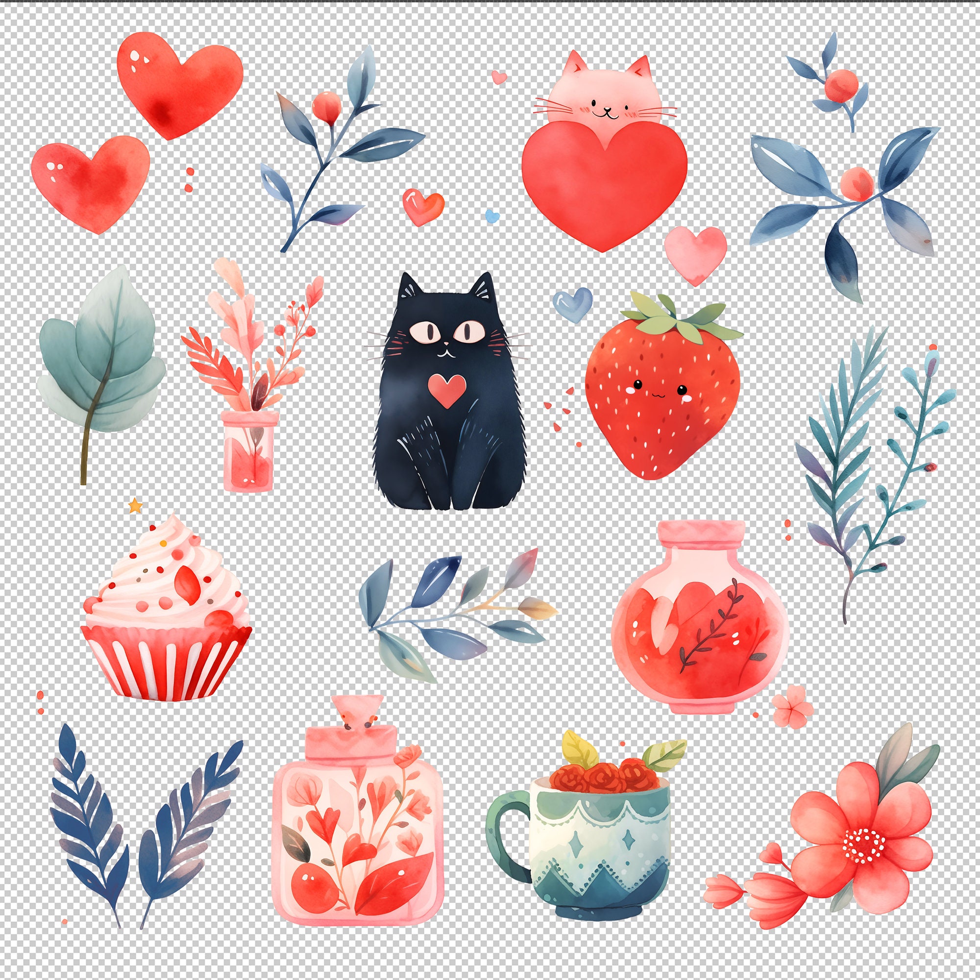 Cute Valentine Clipart Set. 16 PNG Files With Transparent Background ...