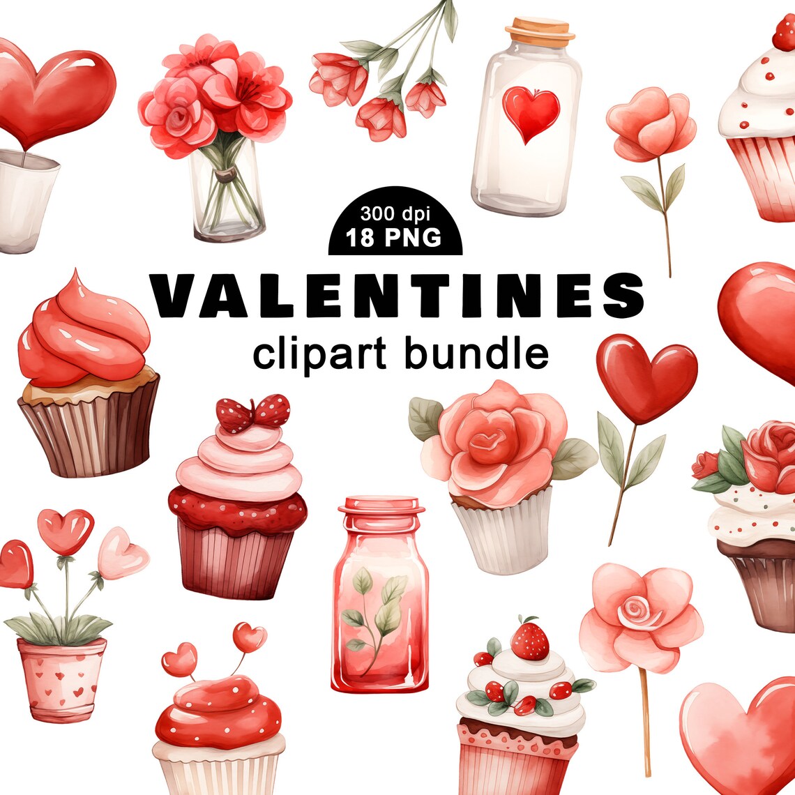 Cute Watercolor Valentine Clipart Bundle. 18 PNG Images With ...