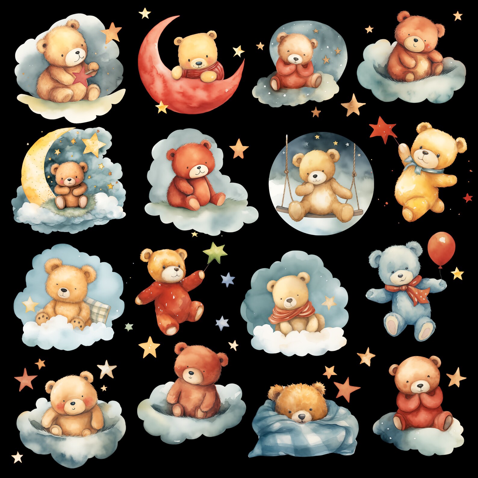 Watercolor Cute Teddy Bears Clipart Bundle. 16 PNG Images With ...