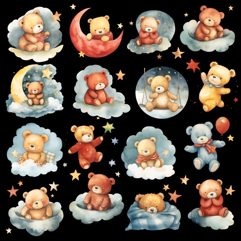 Watercolor Cute Teddy Bears Clipart Bundle. 16 PNG Images With ...