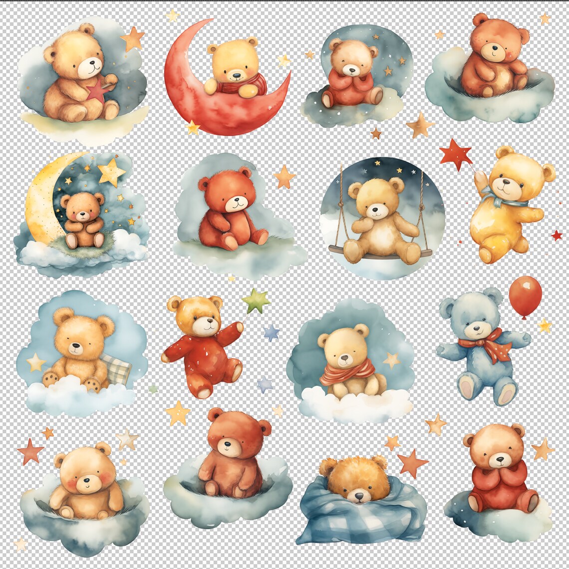Watercolor Cute Teddy Bears Clipart Bundle. 16 PNG Images With ...