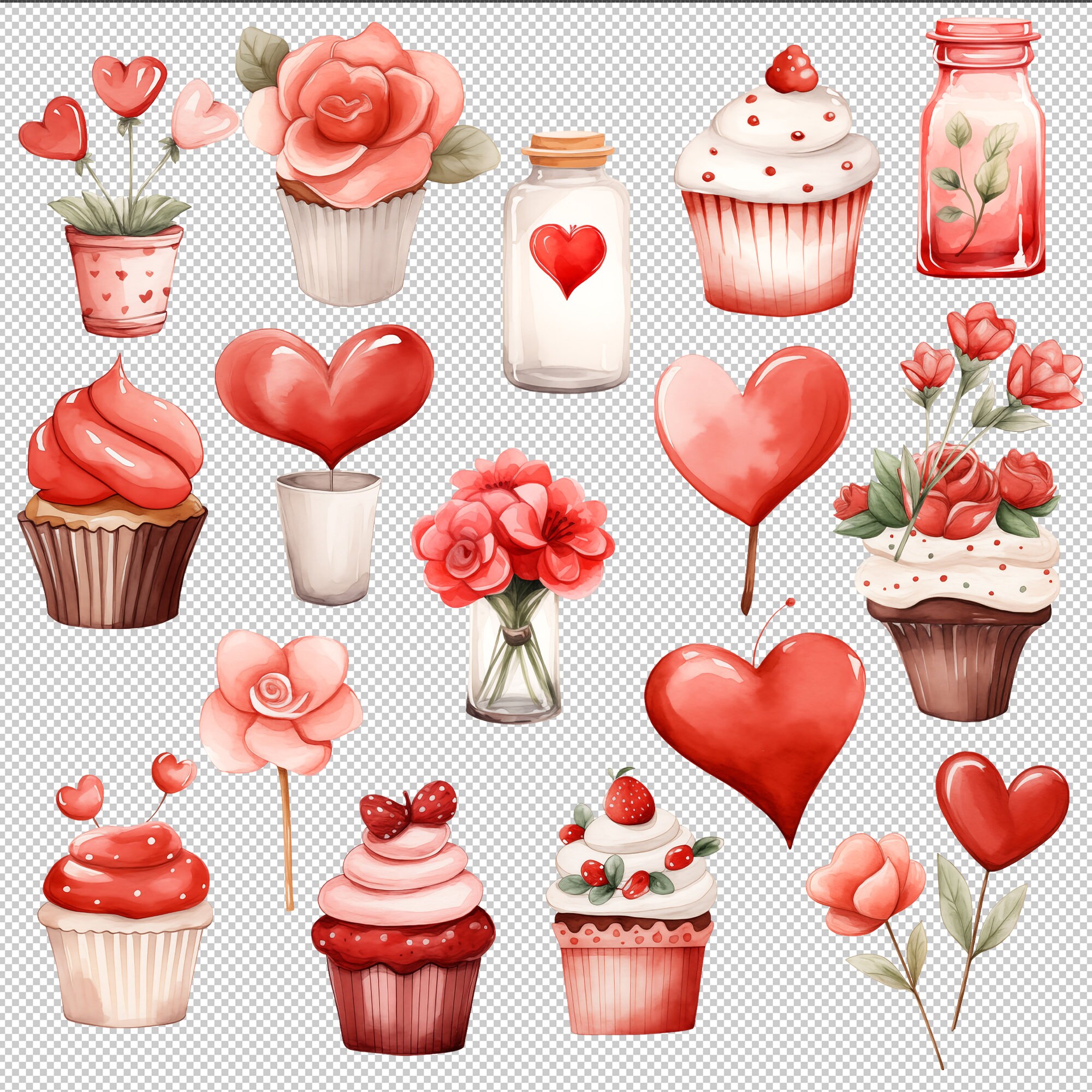 Cute Watercolor Valentine Clipart Bundle. 18 PNG Images With ...