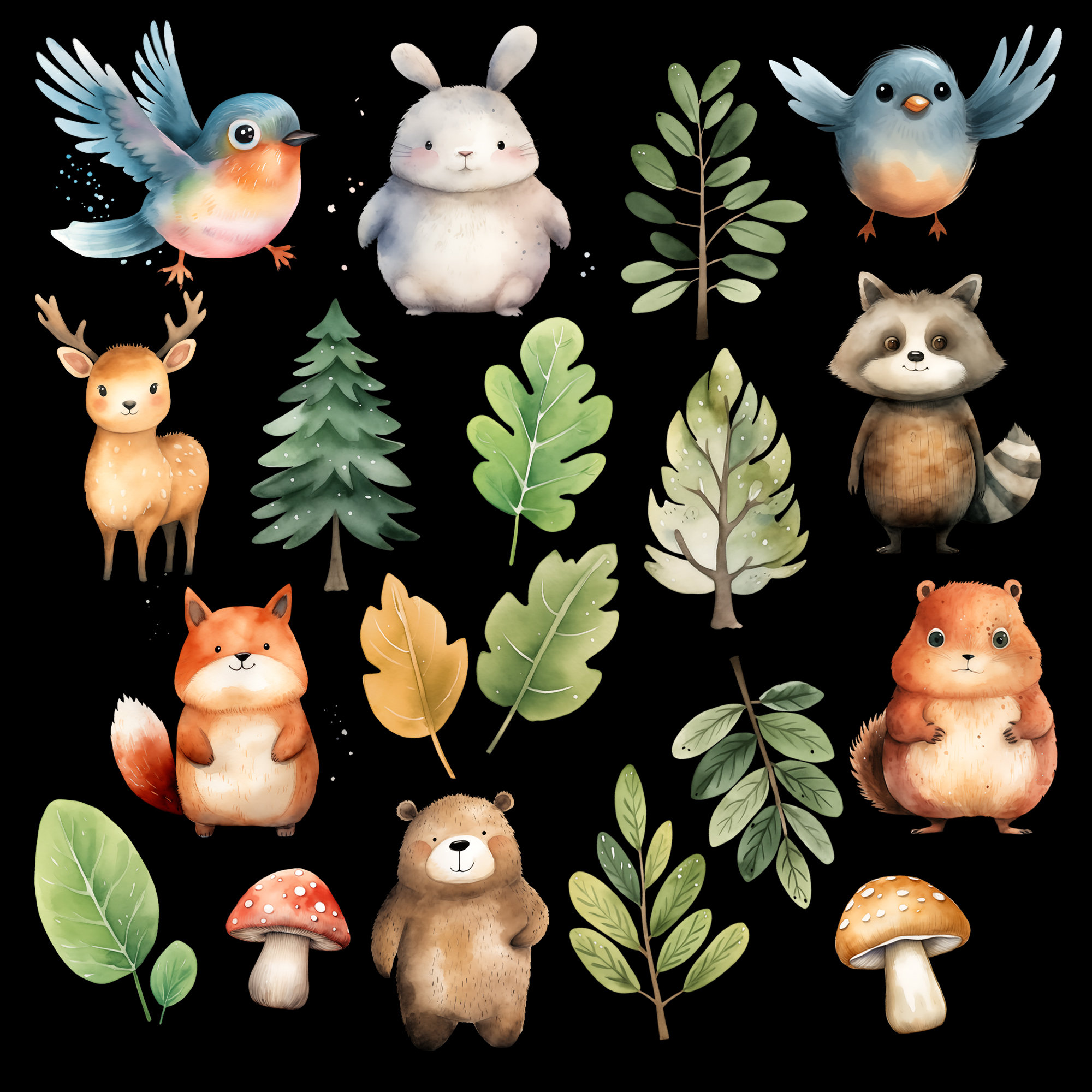 Watercolor Cute Forest Animals Clipart Bundle. 18 PNG Images With ...