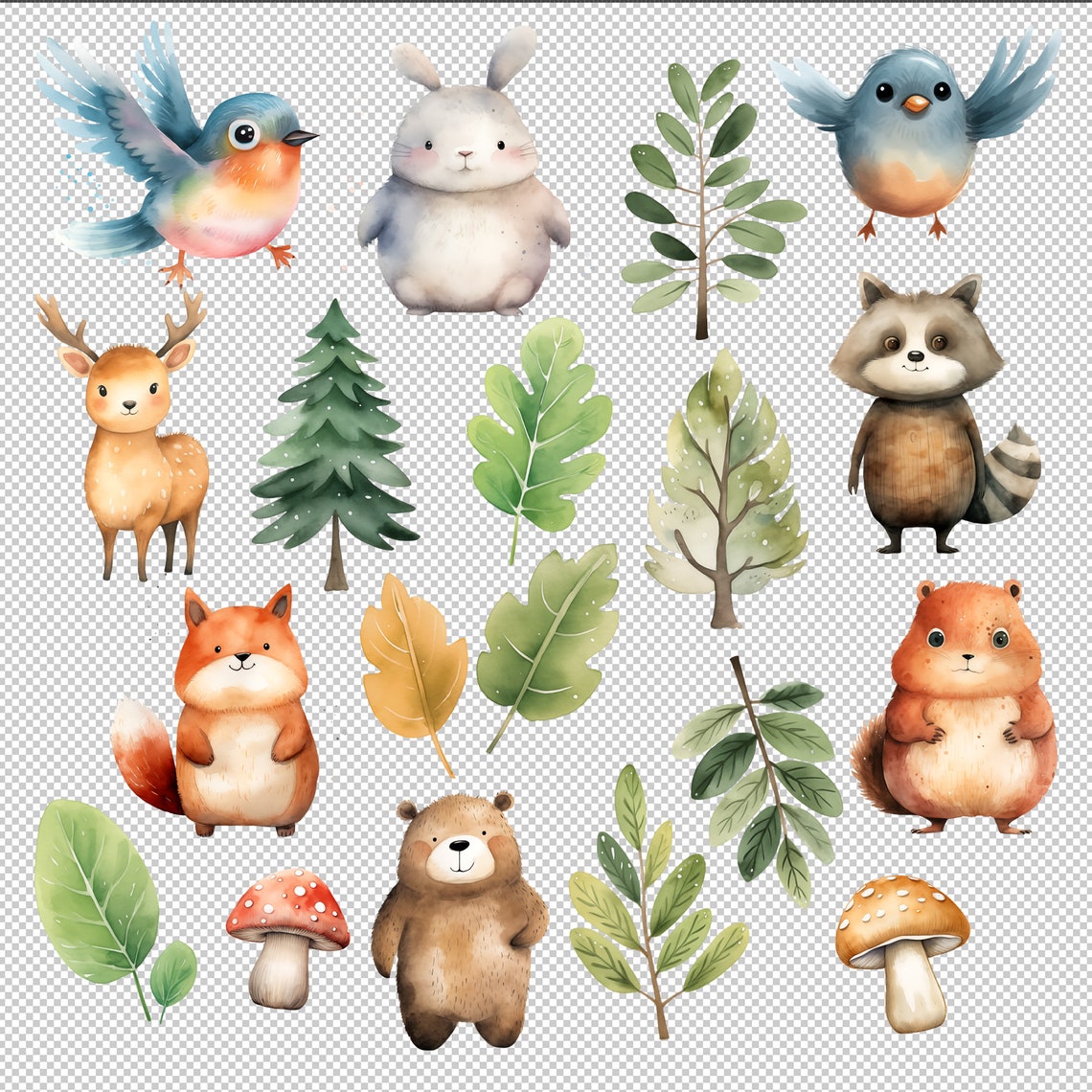 Watercolor Cute Forest Animals Clipart Bundle. 18 PNG Images With ...