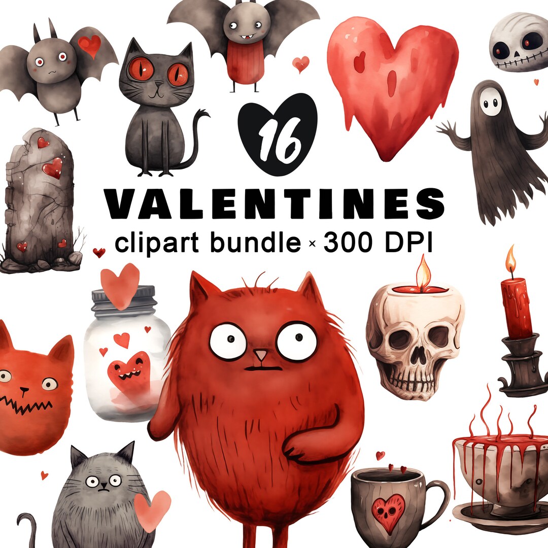 Watercolor Spooky Valentine Clipart Set. 16 PNG Files With Transparent ...
