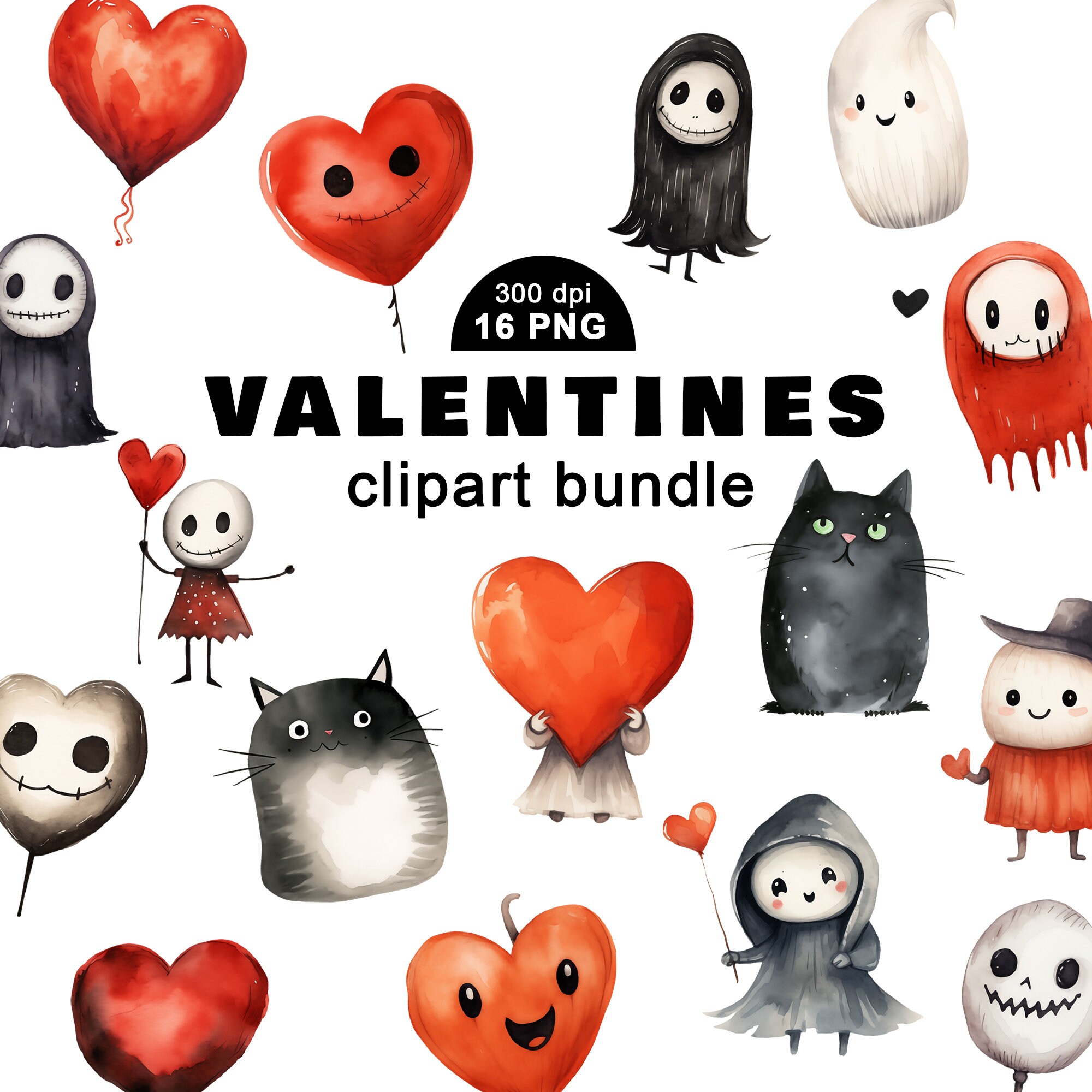 Watercolor Spooky Valentine Clipart Set. 16 PNG Files With Transparent ...