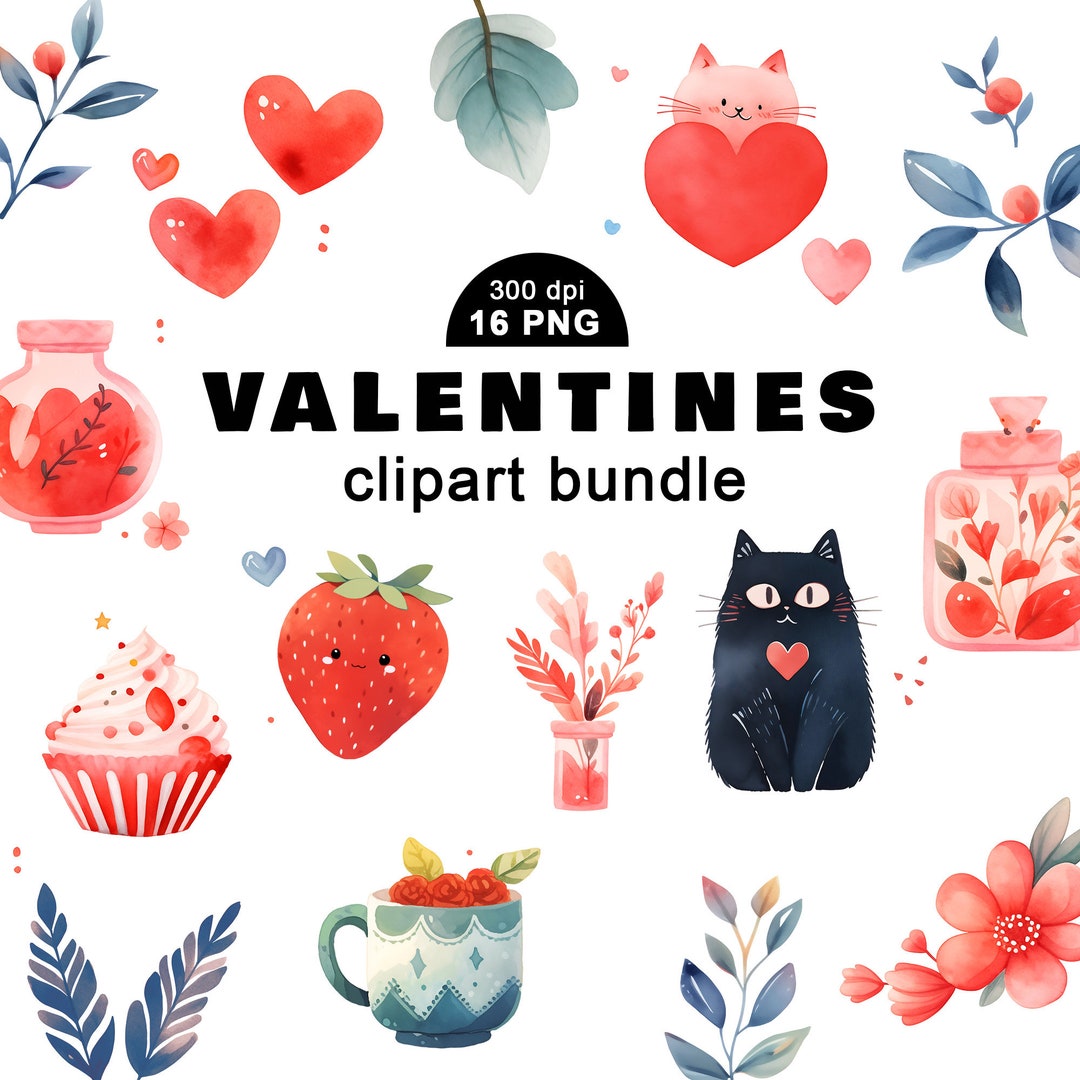 Cute Valentine Clipart Set. 16 PNG Files With Transparent Background ...