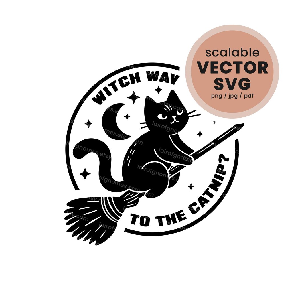 Witch Cat Flying on Broom. Magic Catnip, Tshirt Design Hand Drawn SVG ...