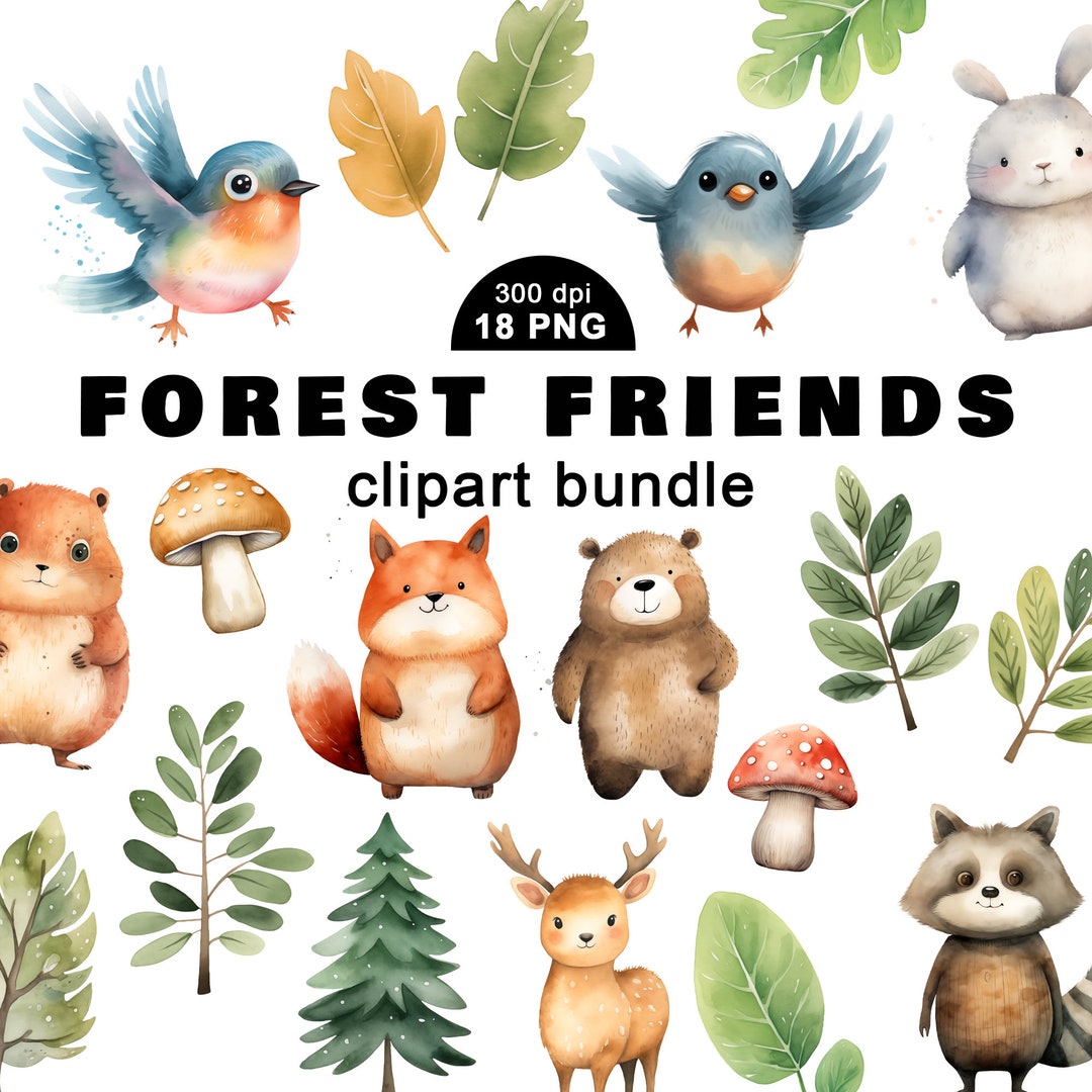 Watercolor Cute Forest Animals Clipart Bundle. 18 PNG Images With ...