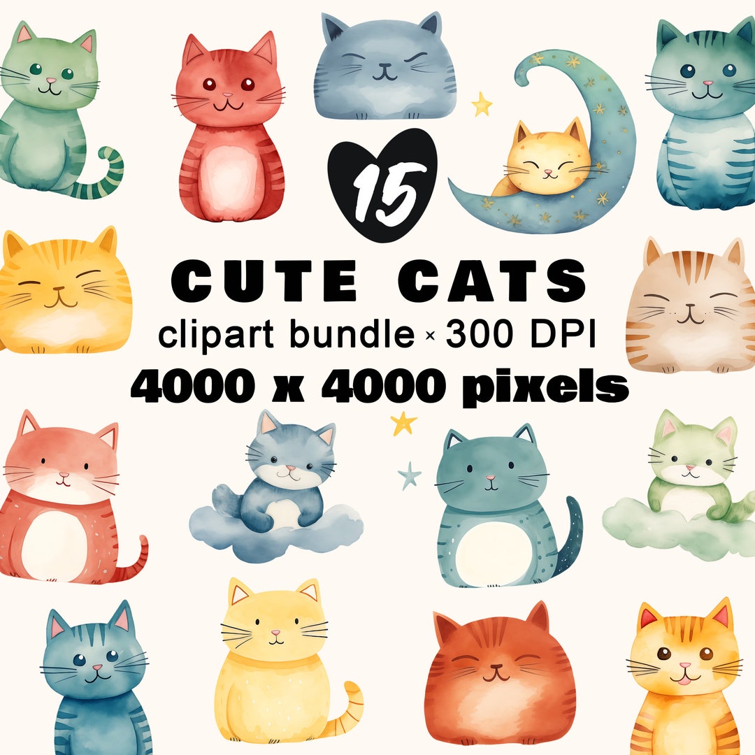 Watercolor Pastel Cute Cats Clipart Bundle. 15 PNG Icons Images With ...