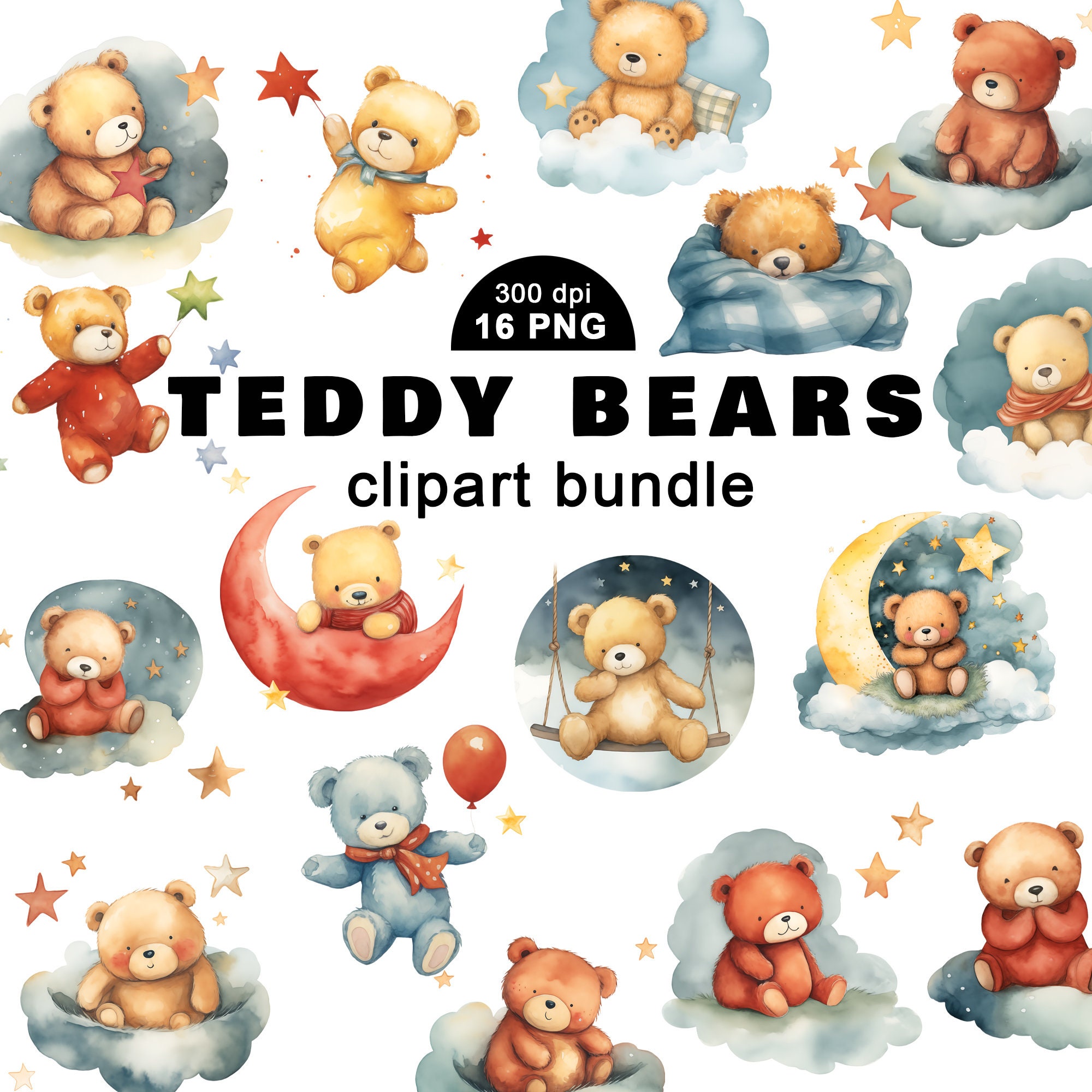 Watercolor Cute Teddy Bears Clipart Bundle. 16 PNG Images With ...
