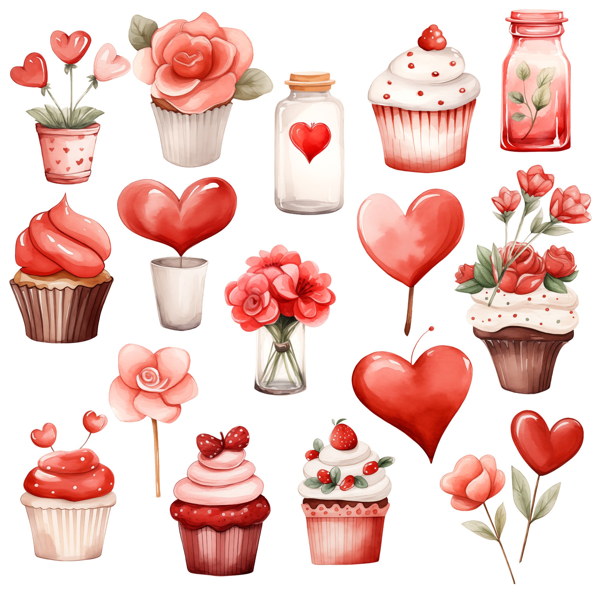 Cute Watercolor Valentine Clipart Bundle. 18 PNG Images With ...