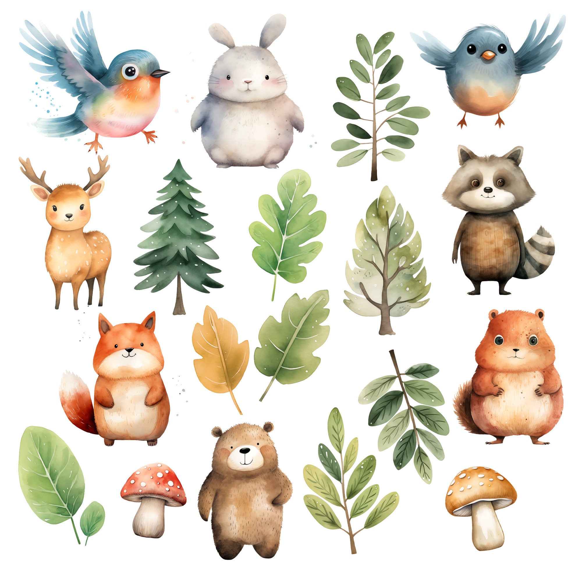 Watercolor Cute Forest Animals Clipart Bundle. 18 PNG Images With ...