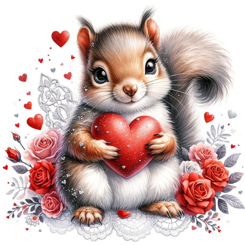 21 JPG Watercolor Animal Valentines Clipart, Cute Squirrel Clipart ...