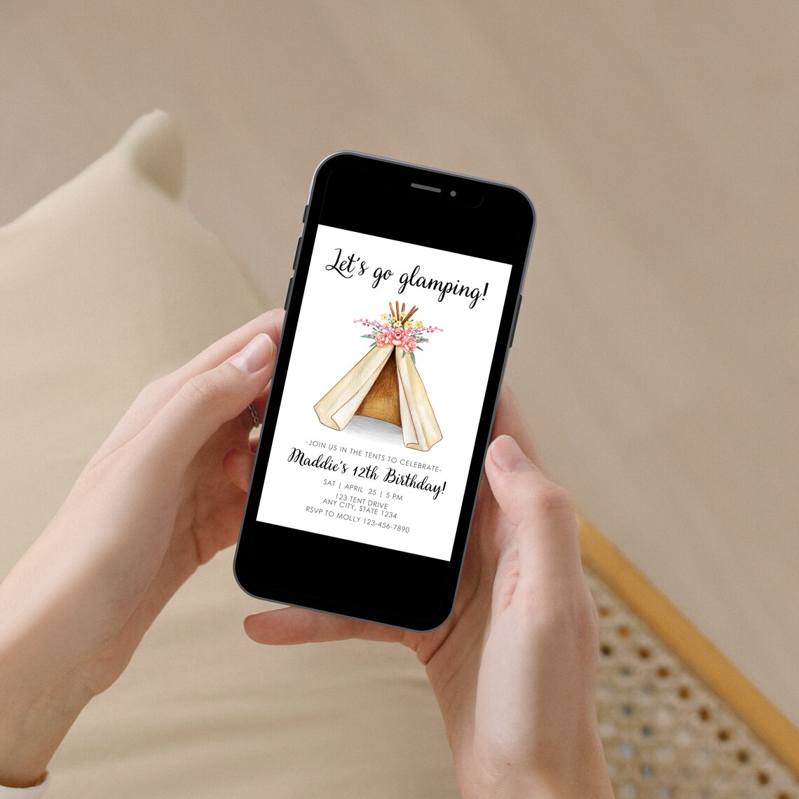 Glamping Party Invitation, Glamping Birthday Party, Minimalistic Glamping Invitation, Editable ...