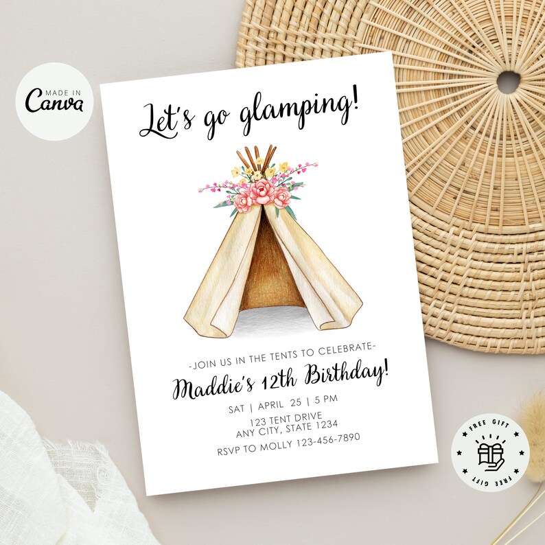 Glamping Party Invitation, Glamping Birthday Party, Minimalistic Glamping Invitation, Editable ...