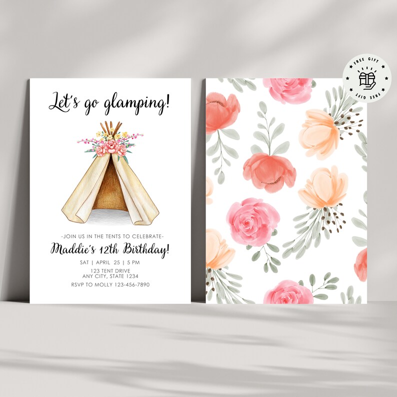 Glamping Party Invitation, Glamping Birthday Party, Minimalistic Glamping Invitation, Editable ...